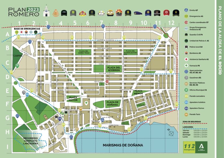 Mapa de la Aldea del Rocío – Casas Hdad., Fuentes, aparcamientos, Bus ...